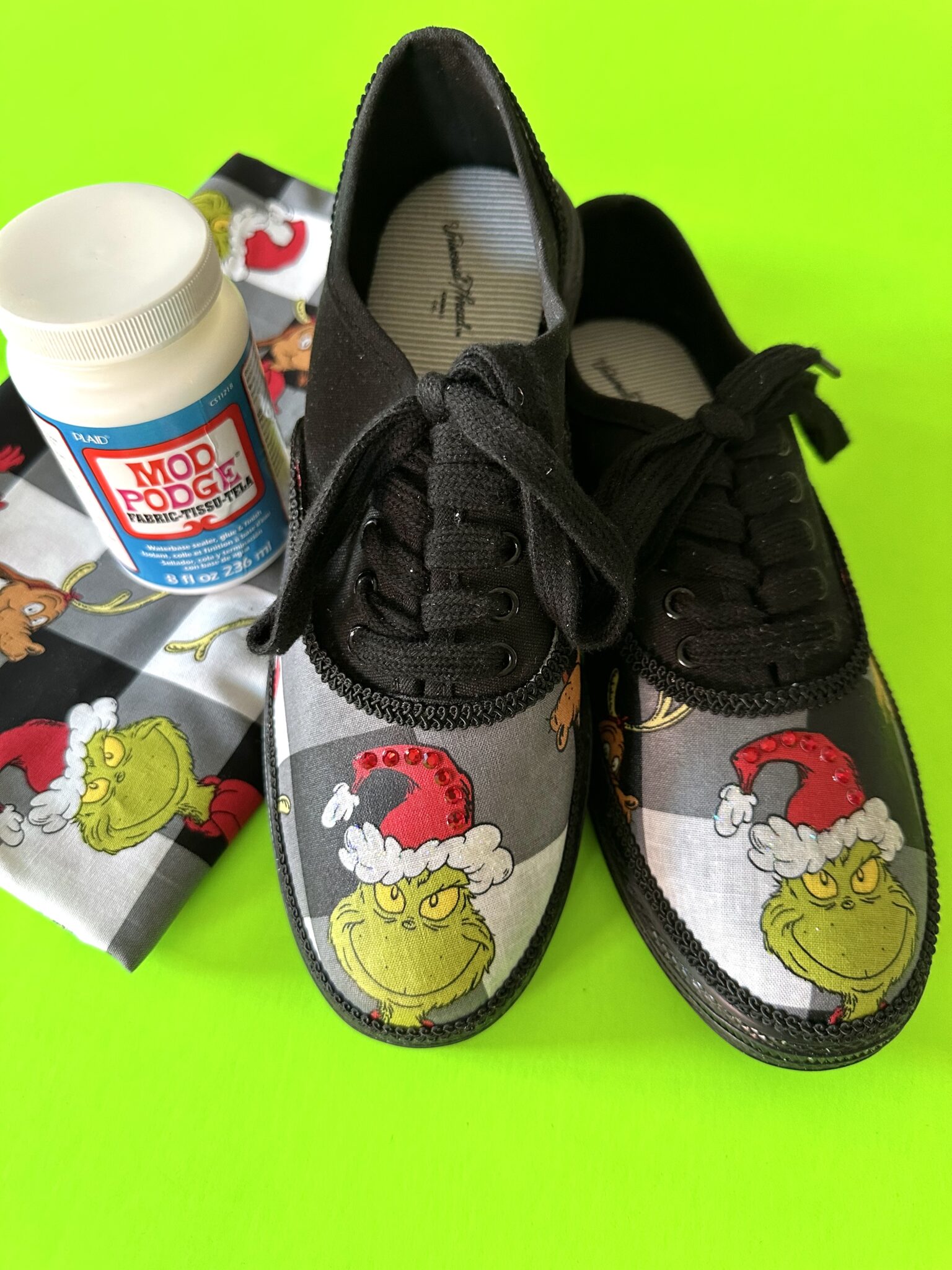 How to Make Grinch Fabric Covered Shoes with Mod Podge - CATHIE FILIAN ...