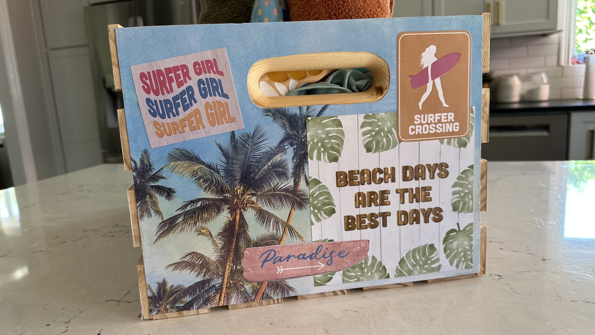 DIY Beach Swimsuit Bikini Box Crate with Mod Podge Decoupage - CATHIE ...