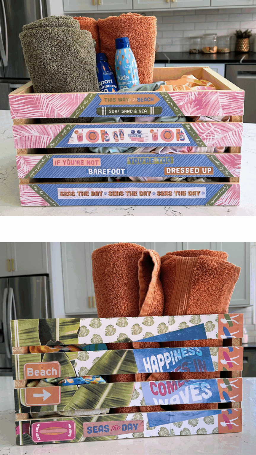 DIY Beach Swimsuit Bikini Box Crate with Mod Podge Decoupage - CATHIE ...